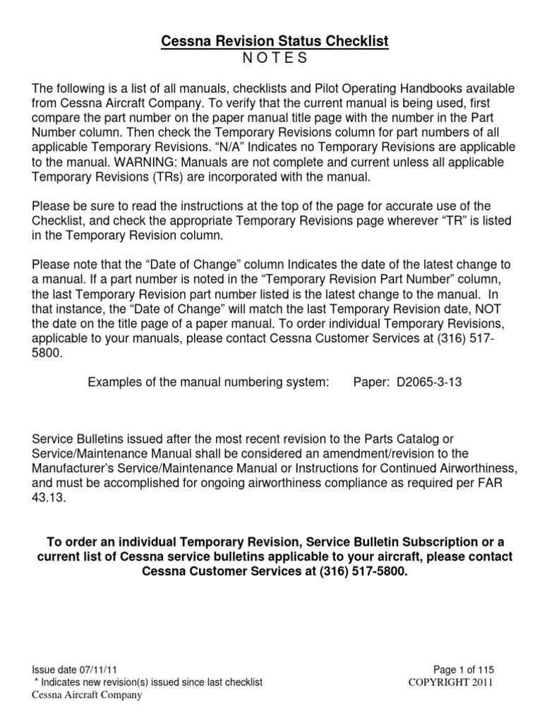 Cessna Revision Status Checklist | PDF