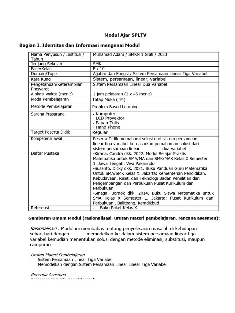 Modul Ajar SPLTV - Muh Adam | PDF