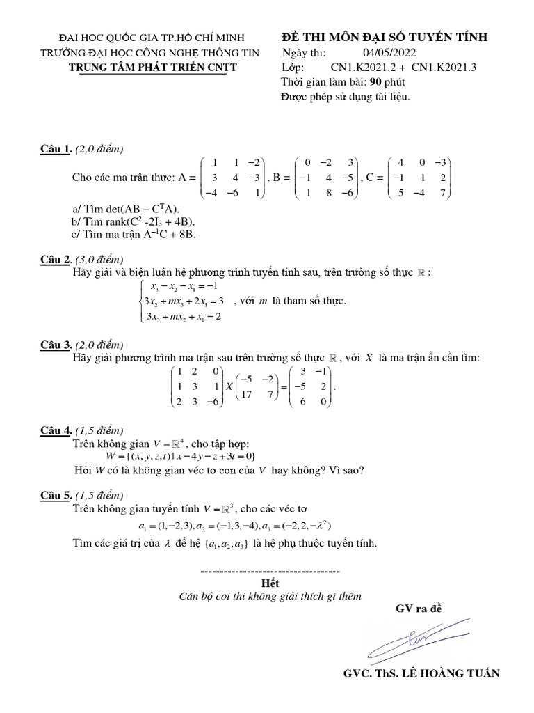 De Thi - DSTT - Lop CN1.K2021.2 - CN1.K2021.3 - Thang 05-2022 | PDF