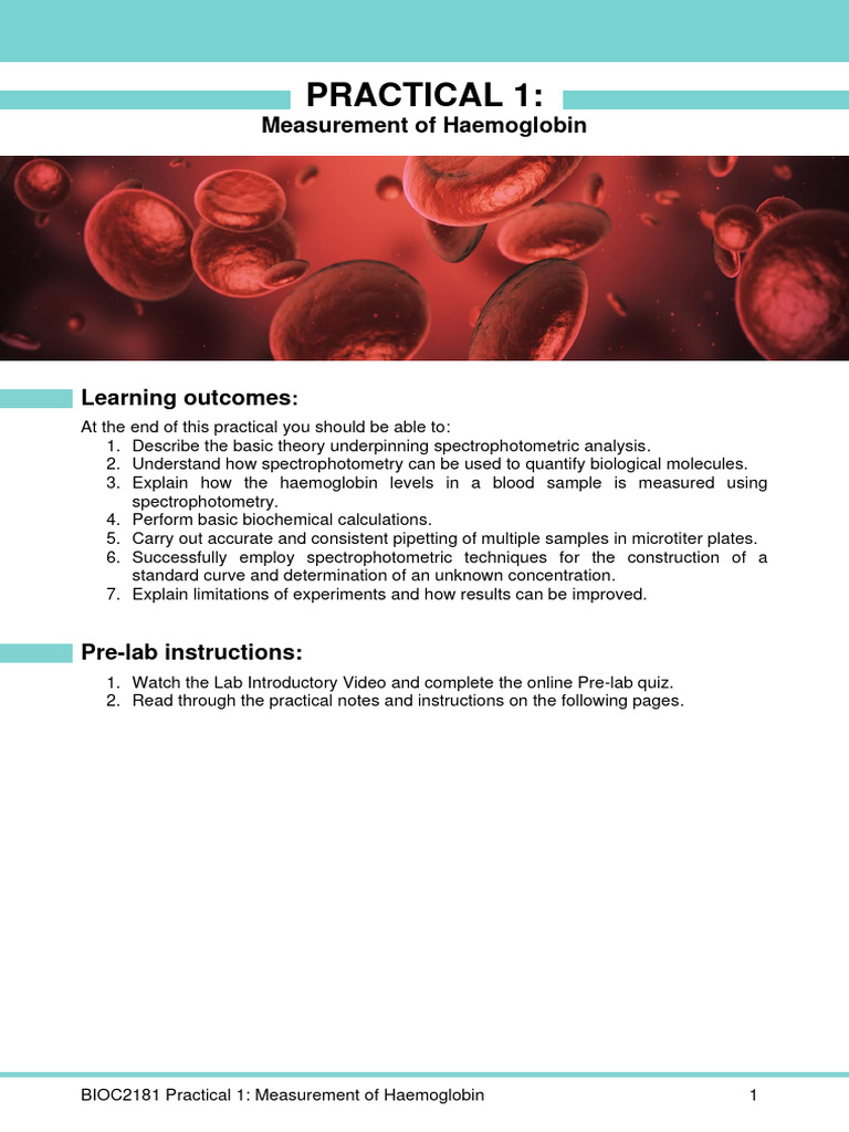 Week 2 - PRACTICAL 1 - Haemoglobin - Editable Version | PDF | Hemoglobin | Spectrophotometry