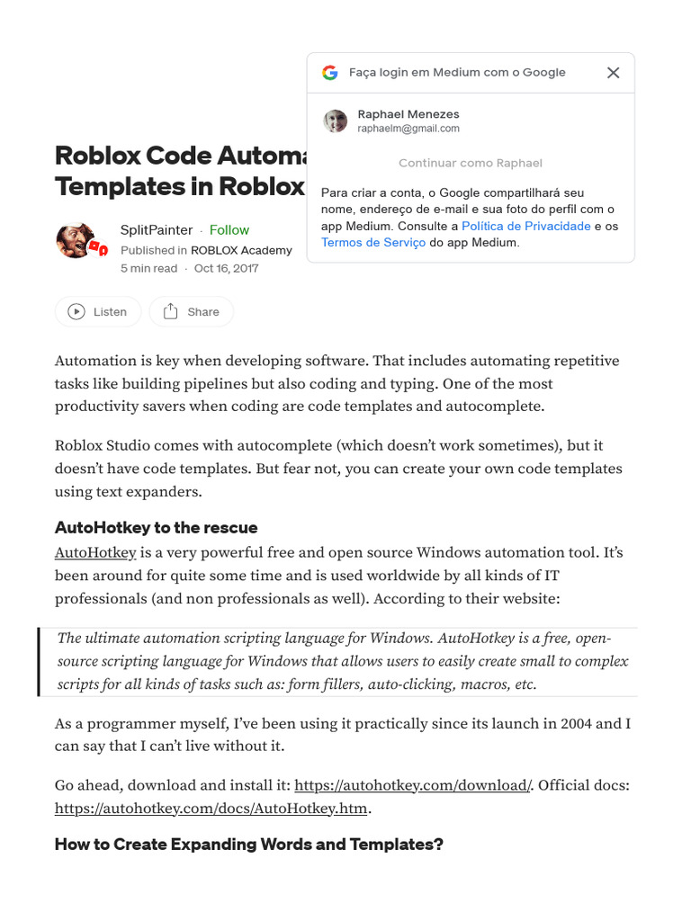 Roblox Code Automation With Lua Code Templates in Roblox Studio With ...