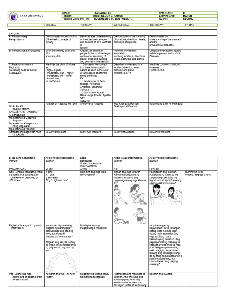 DLL Mapeh Q2 W1 | PDF