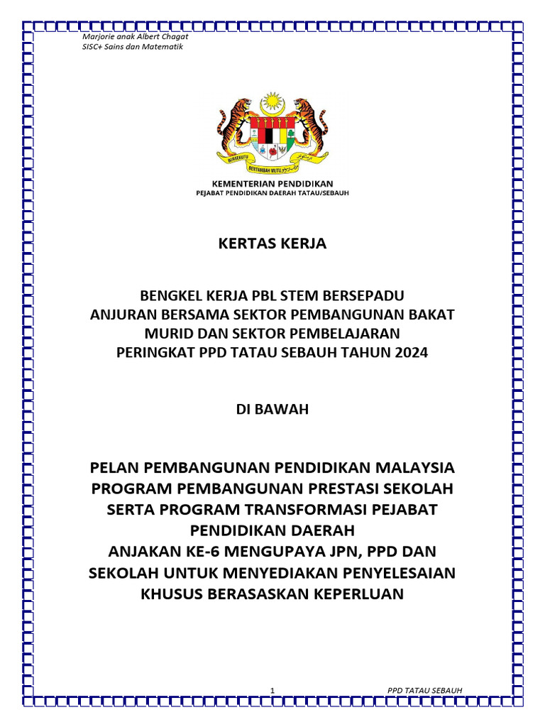 Kertas Kerja Bengkel PBL Stem Bersepadu SPB Dan SPBM 2024 Final | PDF