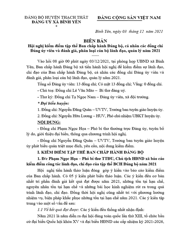 BIEN BẢN KIỂM ĐIỂM TẬP THỂ BCH ĐẢNG BỘ 2021 | PDF