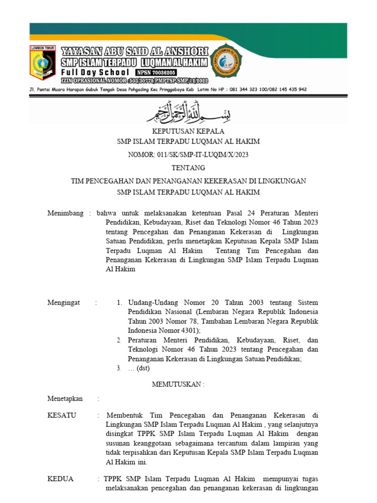 Tim Penanganan Kekerasan SMPIT Luqman | PDF