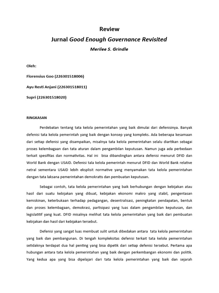 Review Jurnal Good Enough Good Governance Revisited | PDF | Karier & Perkembangan | Ilmu Sosial