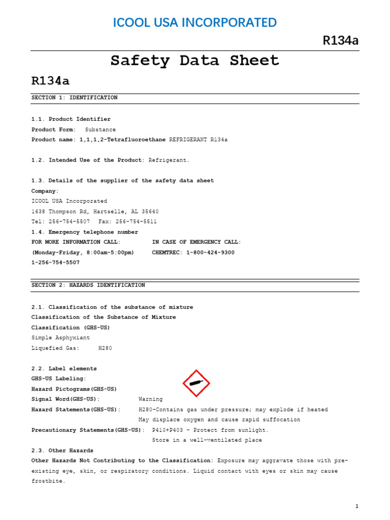 SAFETY DATA SHEET R134a | PDF