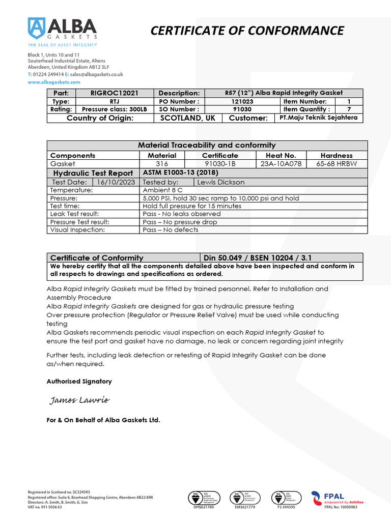 12 in CL300 Alba Mill Certf | PDF | Leak | Pressure