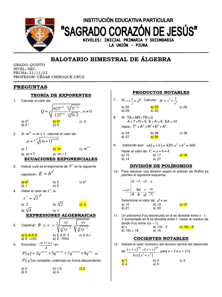 Balotario 5to Álg | PDF