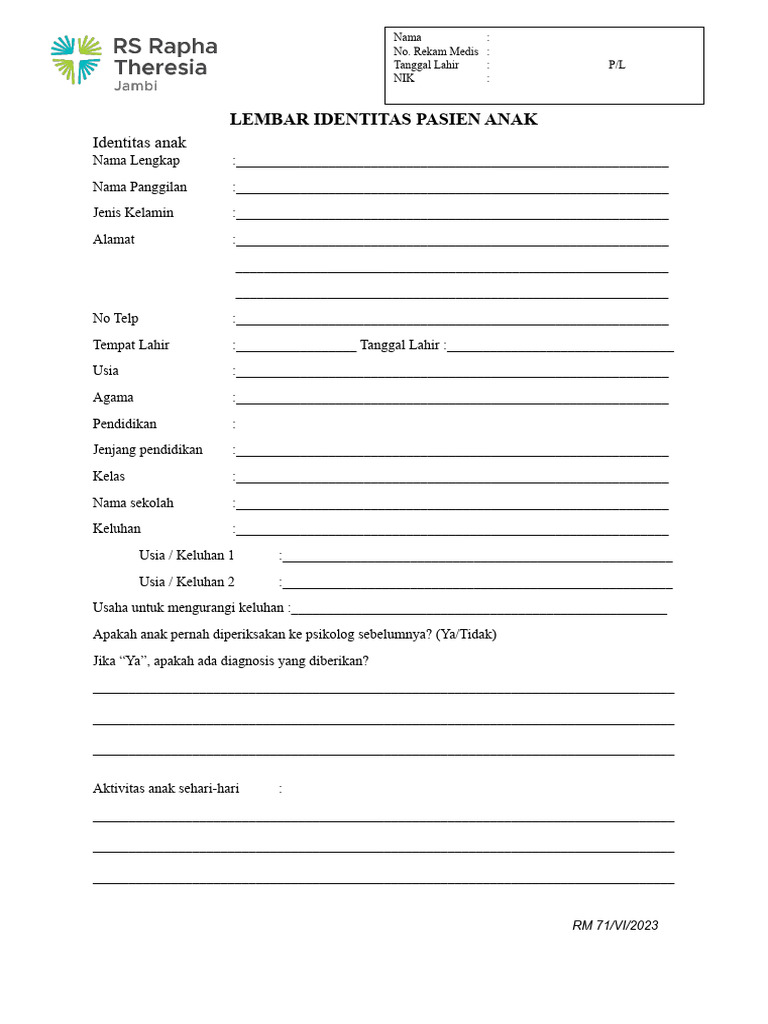Lembar Identitas Pasien - Psikologi | PDF