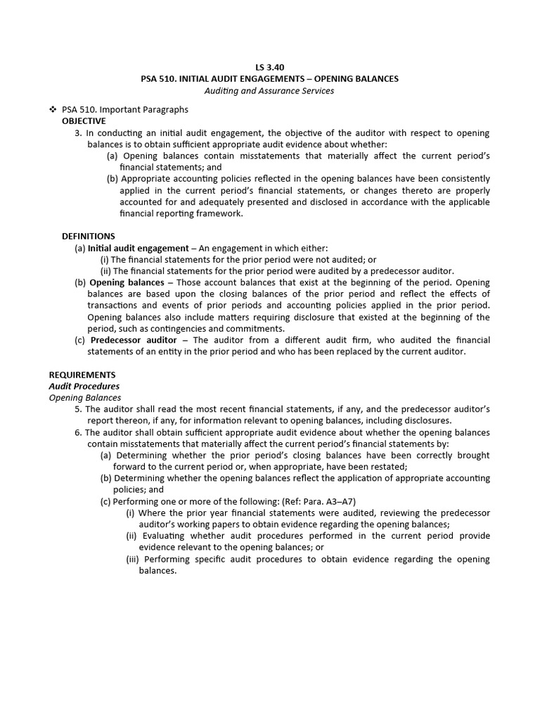 LS 3.40 - PSA 510. Initial Audit Engagements - Opening Balances | PDF