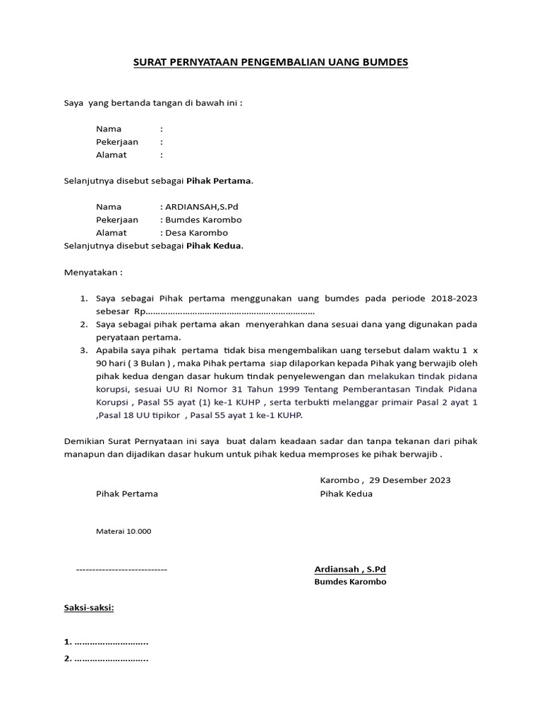 SURAT PERNYATAAN PENGEMBALIAN UANG Bumdes | PDF