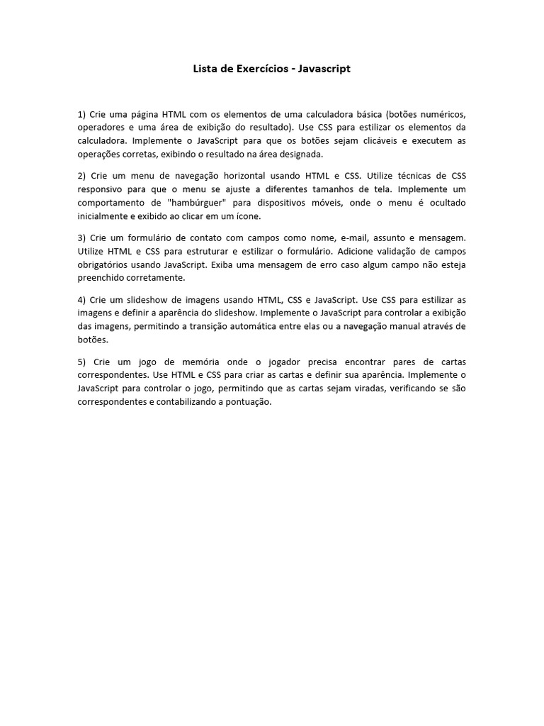 Lista de Exercícios - Javascript | PDF Lista de Exercícios - Javascript | PDF