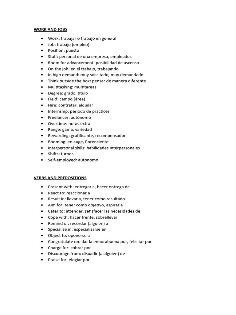 Vocabulary Unit 6. Work and Jobs. Verbs and Prepositions | PDF ...