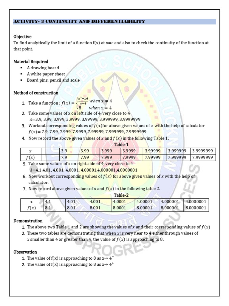 Activity3 Continuity And Differentiability Pdf Function