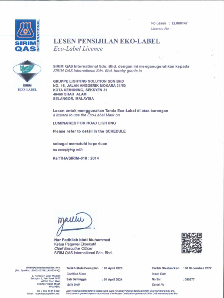 SIRIM ECO LABEL CERTIFICATE 061222- EL000147 | PDF