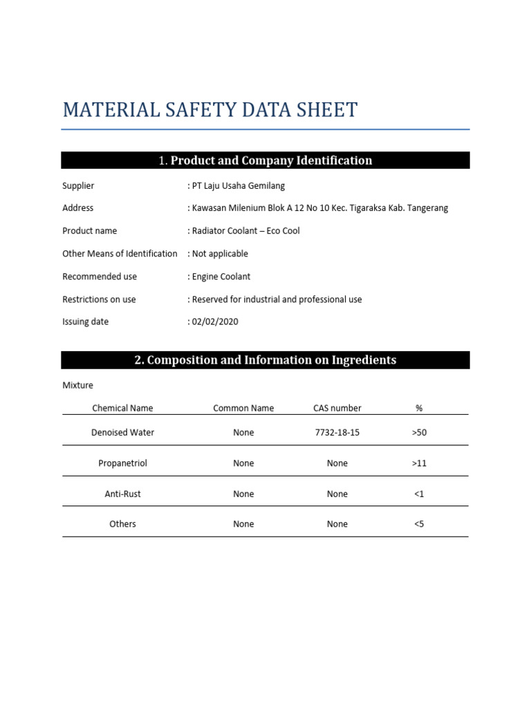 MSDS Radiator Coolant Eco Cool | PDF
