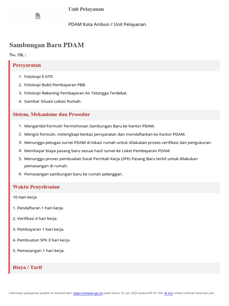 Unduh Standar Pelayanan - Sambungan Baru PDAM | PDF