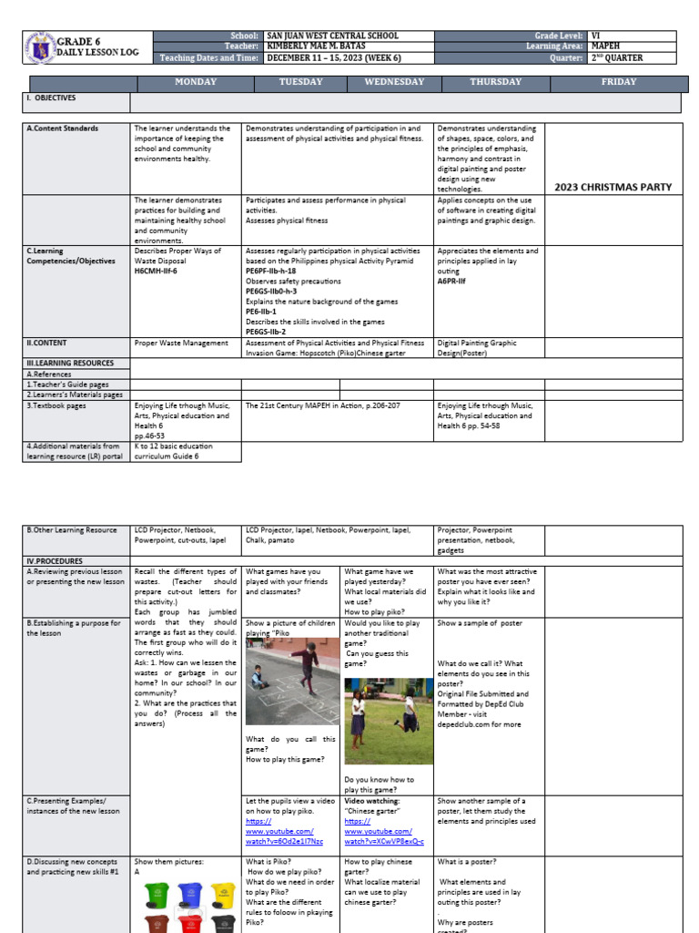 DLL - Mapeh 6 - Q2 - W6 | PDF | Waste Management | Recycling