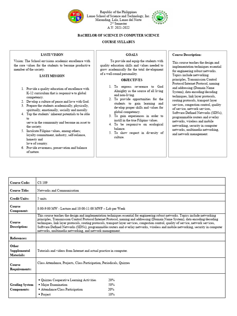 BSCS Networking Course Syllabus | PDF | Computer Network | Internet ...