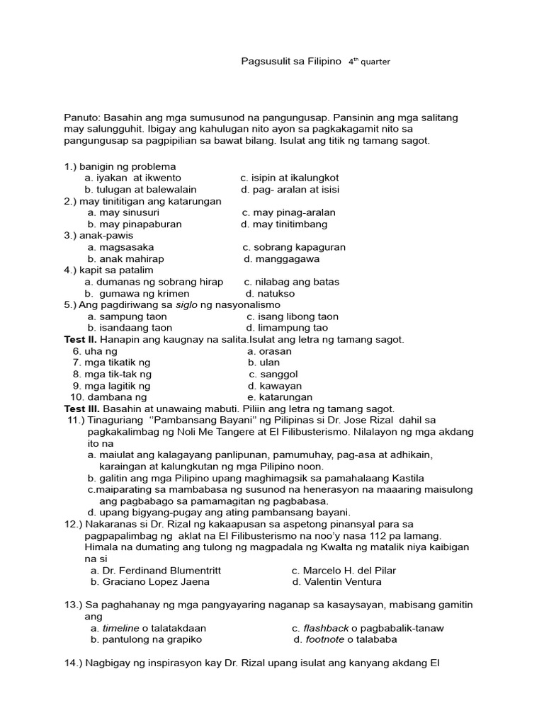 Pagsusulit Sa Filipino 10 | PDF