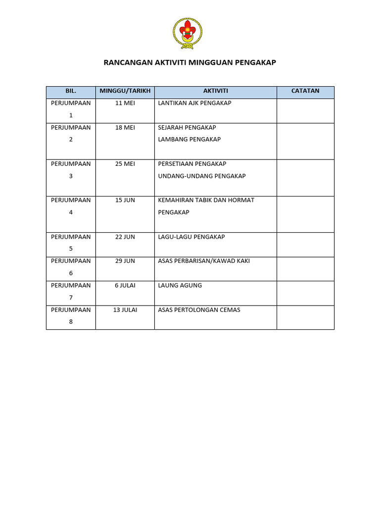 Rancangan Aktiviti Mingguan Pengakap | PDF