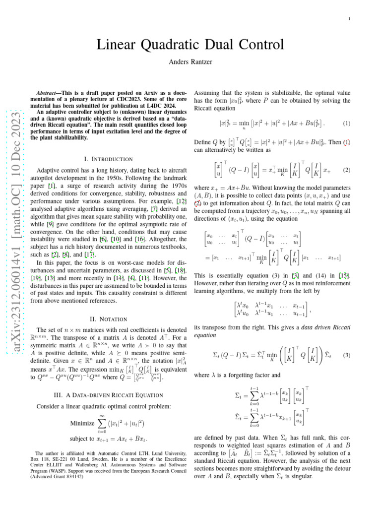 Linear Quadratic Dual Control: Anders Rantzer | PDF | Teaching Methods ...