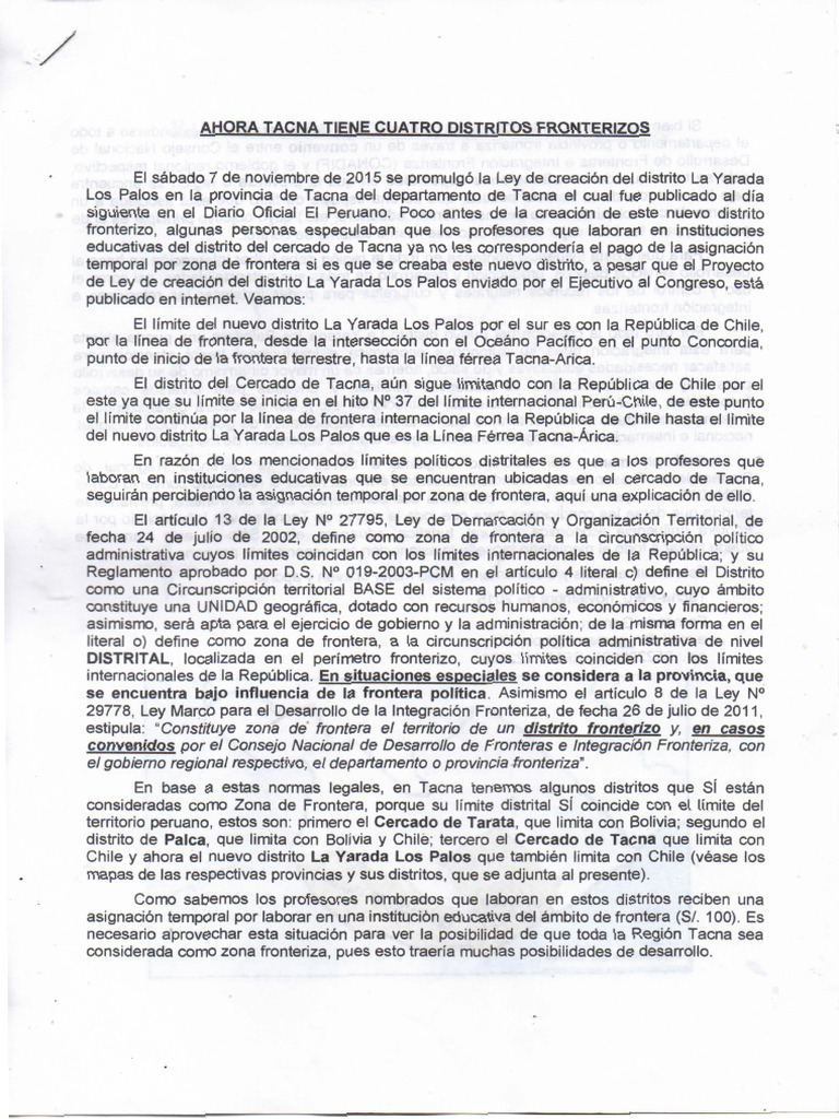 Ahora Tacna Tiene Cuatro Distritos Fronterizos | PDF