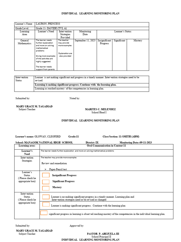 Individual Learning Monitoring Plans | PDF