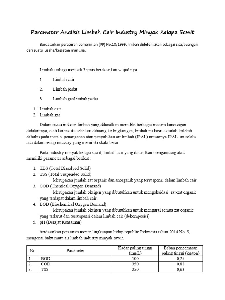 Parameter Analisis Limbah Cair Industry Minyak Kelapa Sawit | PDF