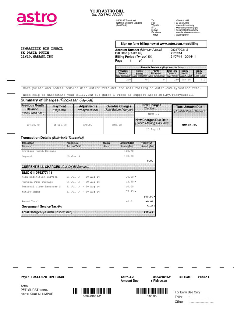 Your Astro Bill: Ismaazizie Bin Ismail SK Pasir Putih 21610, MARANG ...