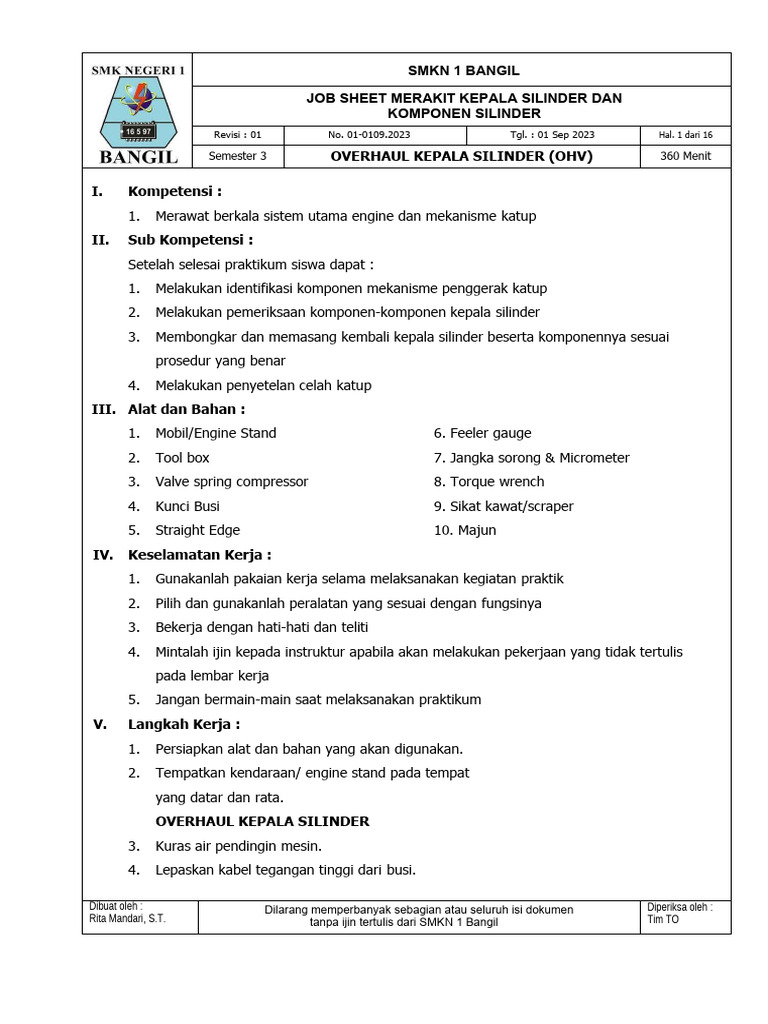 01 Jobsheet Overhaul Kepala Silinder | PDF