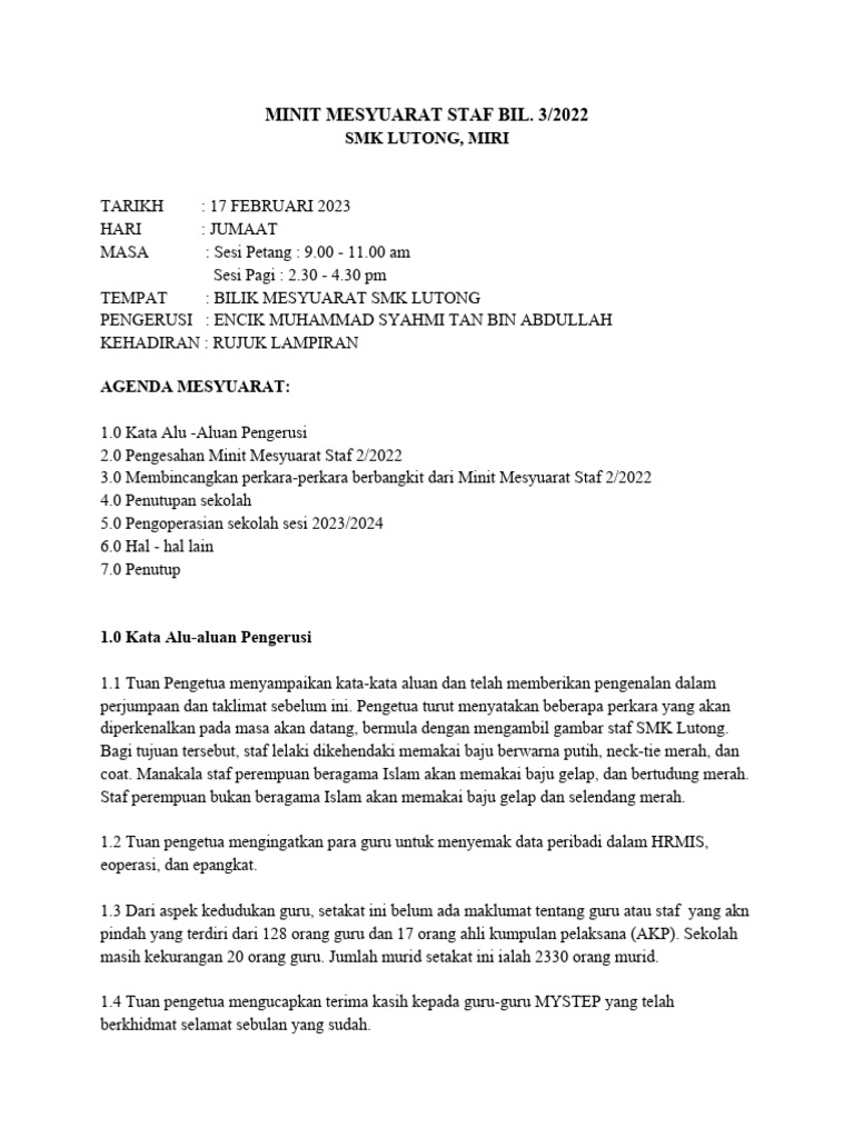 Minit Mesyuarat Staf 3 - 2022 | PDF
