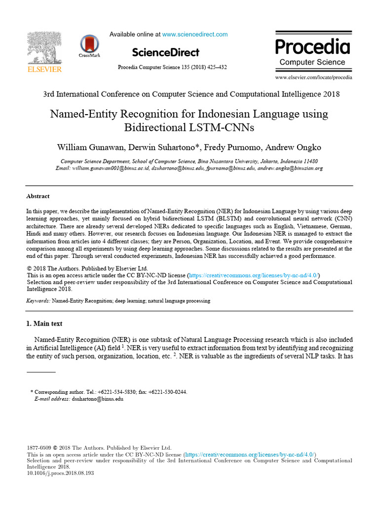 Named-Entity Recognition For Indonesian Language U | PDF