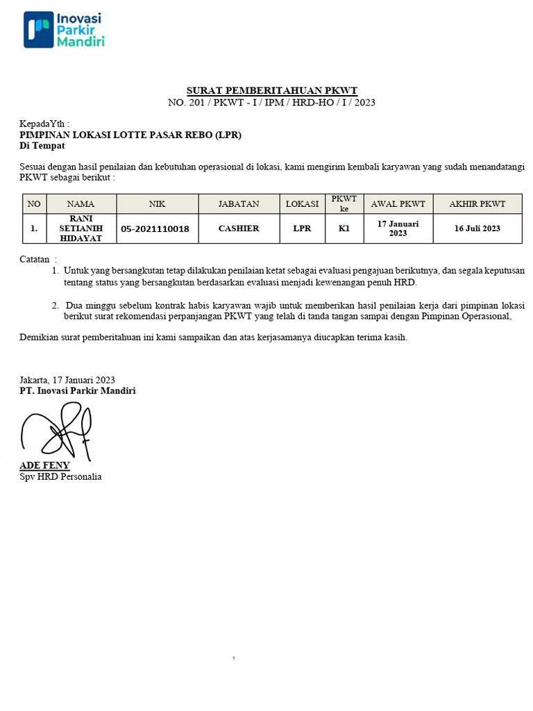 Ipm - Rani Setianih Hidayat - PKWT 1 - LPR | PDF
