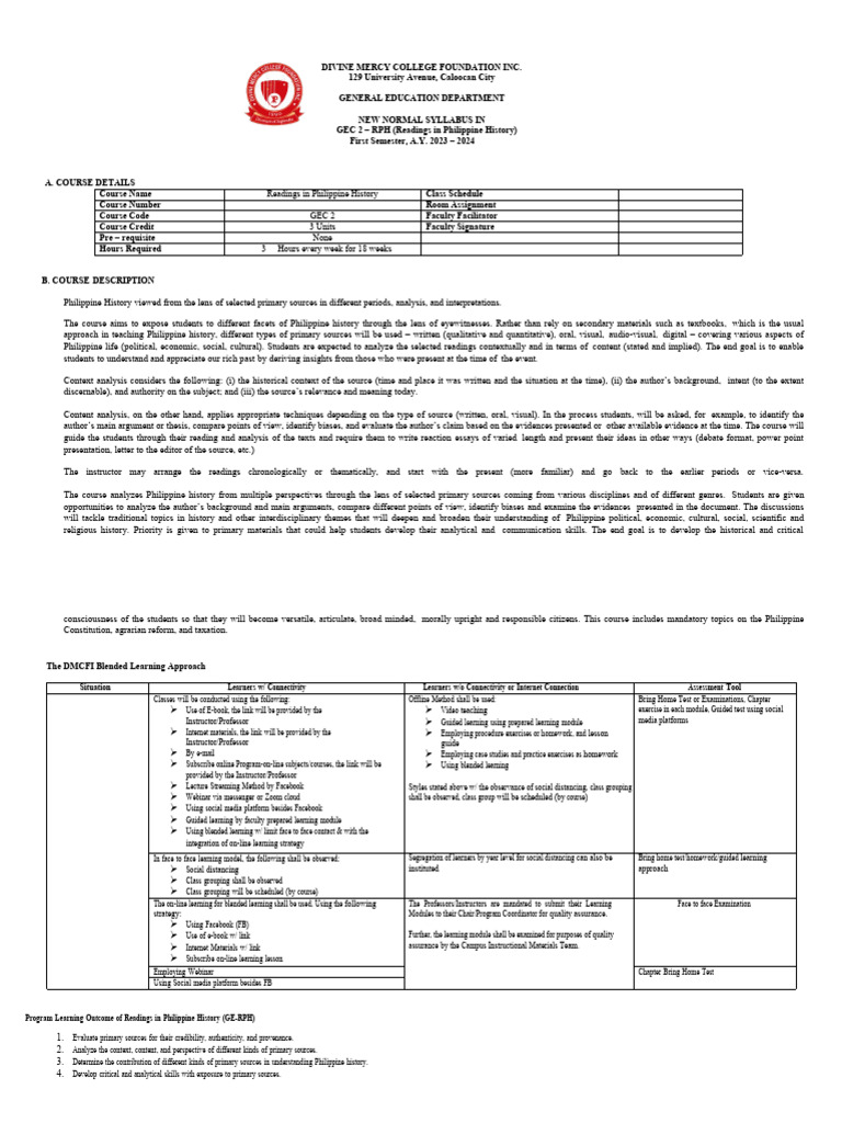 READING-IN-PHILIPPINE-HISTORY-COURSE-SYLLABUS | PDF | Educational ...
