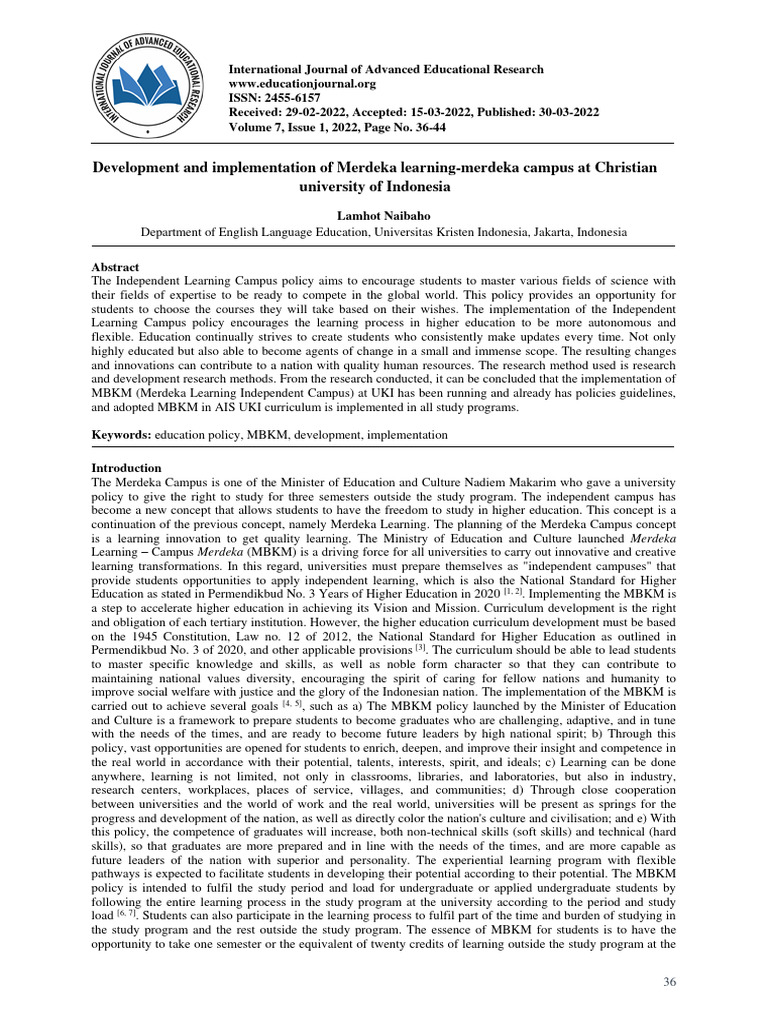 Development and Implementation of Merdeka Learning-Merdeka Campus at Christian University of ...