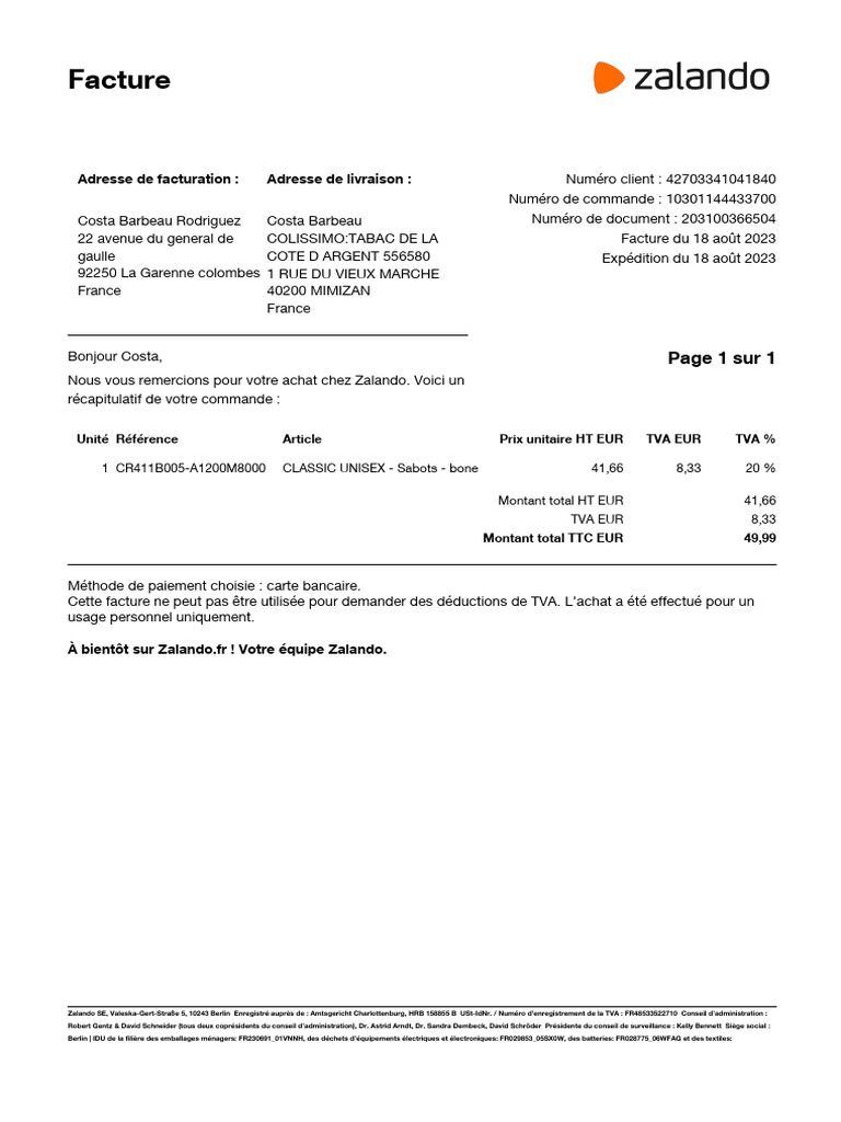 Facture d'achat Zalando - Août 2023 | PDF