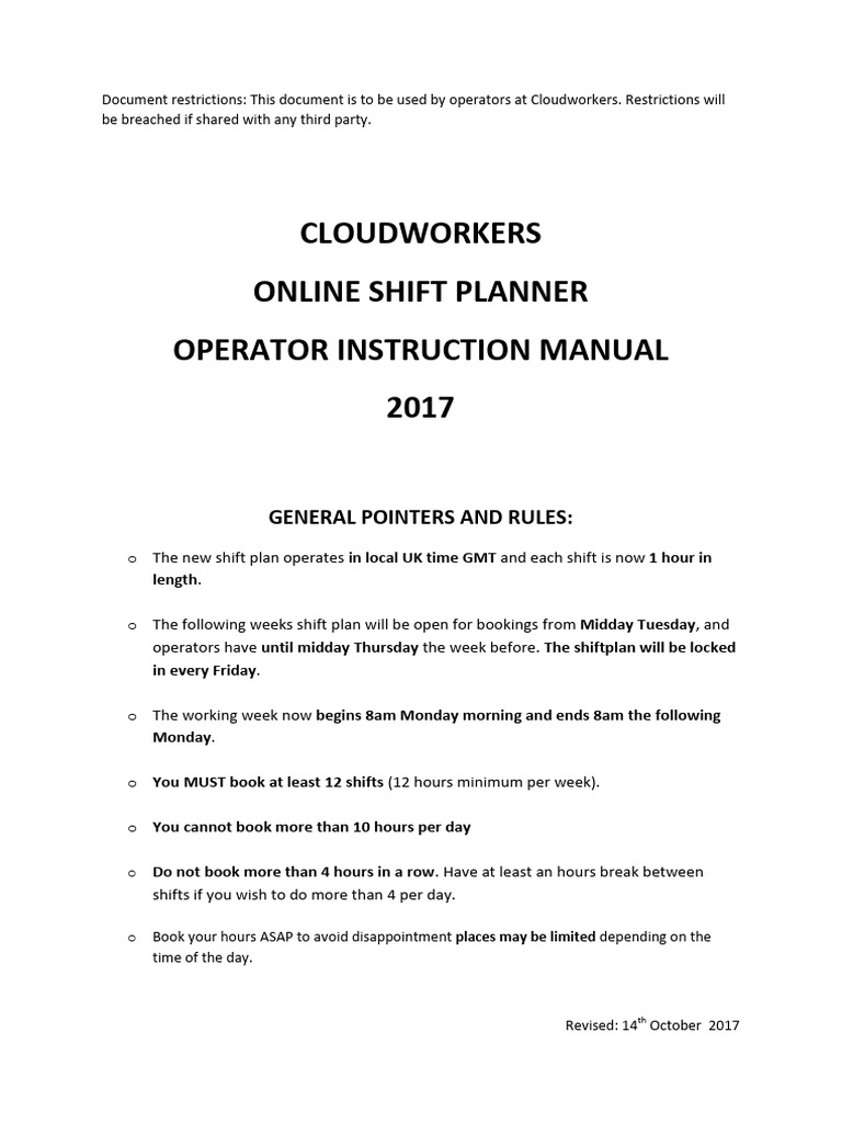 Online Shift Planner Operator Manual UK | PDF