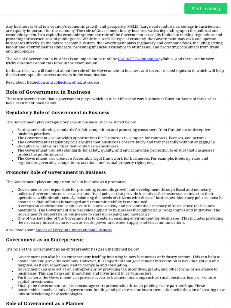 Role of Government in Business Notes For UGC-NET Commerce Exam | PDF