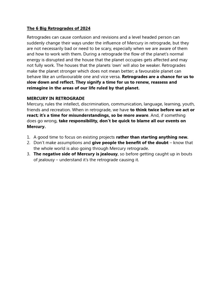 Retrogrades of 2024 | PDF | Planets