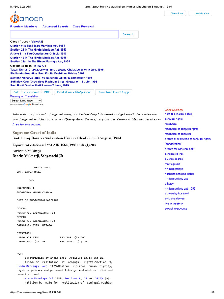 Smt. Saroj Rani Vs Sudarshan Kumar Chadha On 8 August, 1984 | PDF