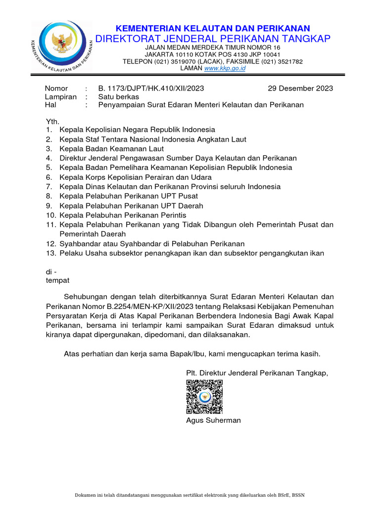 Nomor : B. 1173/DJPT/HK.410/XII/2023 29 Desember 2023 Lampiran : Satu ...