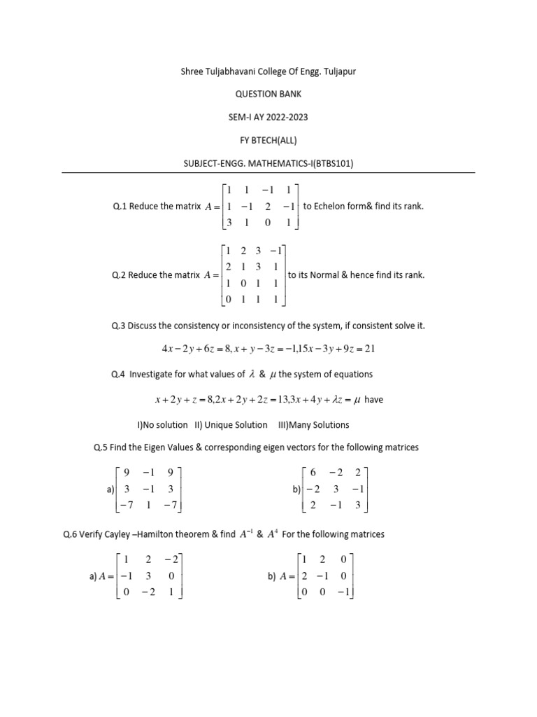 Engineering M3 Question Bank | PDF | Matrix (Mathematics) | Functions ...