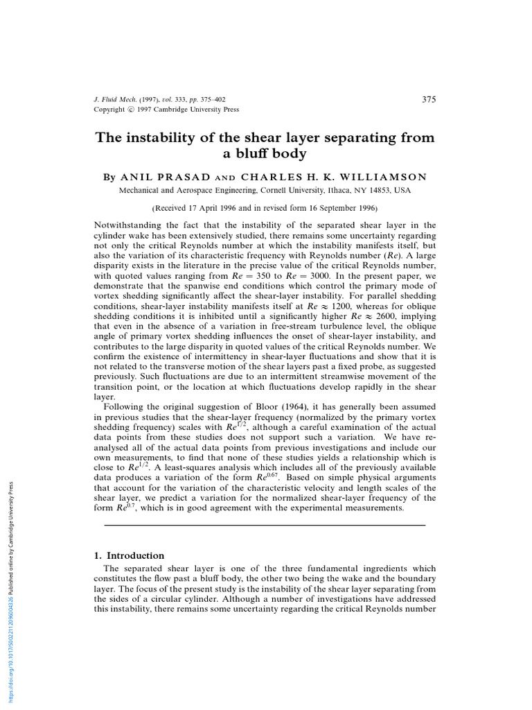 The Instability of The Shear Layer Separating From A Bluff Body | Download Free PDF | Reynolds ...