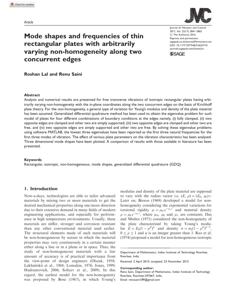 Mode Shapes and Frequencies of Thin Rectangular Plates With Arbitrarily ...