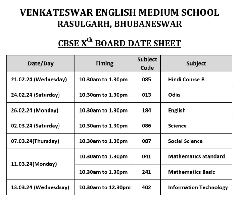 Cbse Xth Board Date Sheet 2024 Pdf