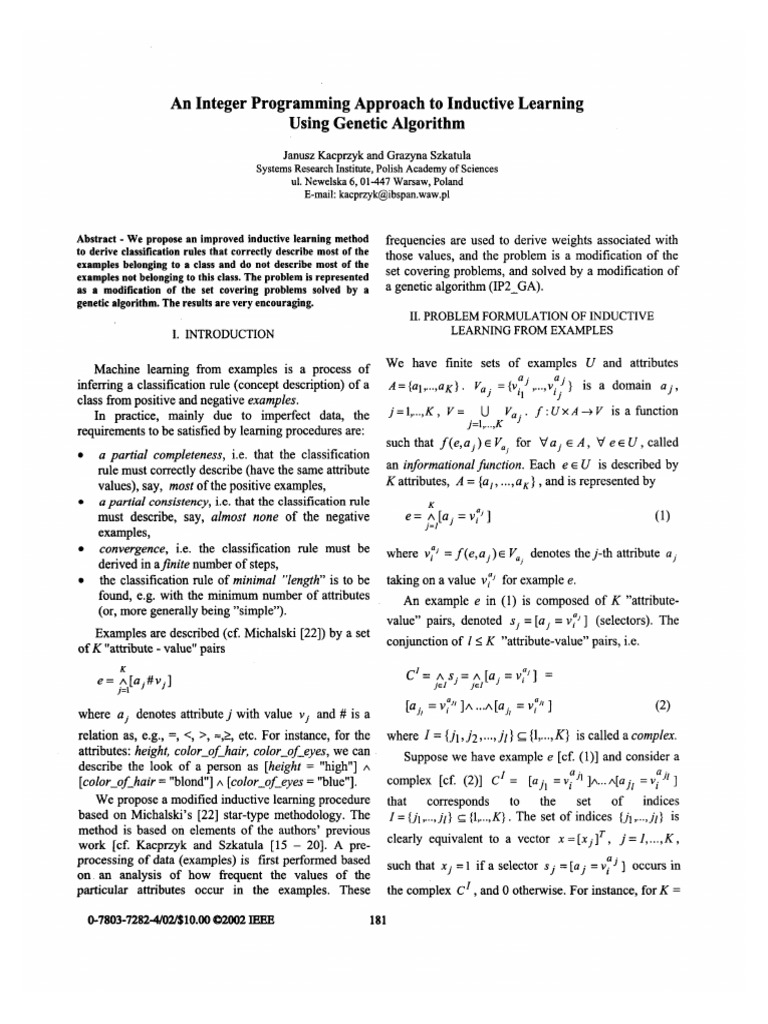 An Integer Programming Approach To Inductive Learning Using Genetic Algorithm 2002 Pdf