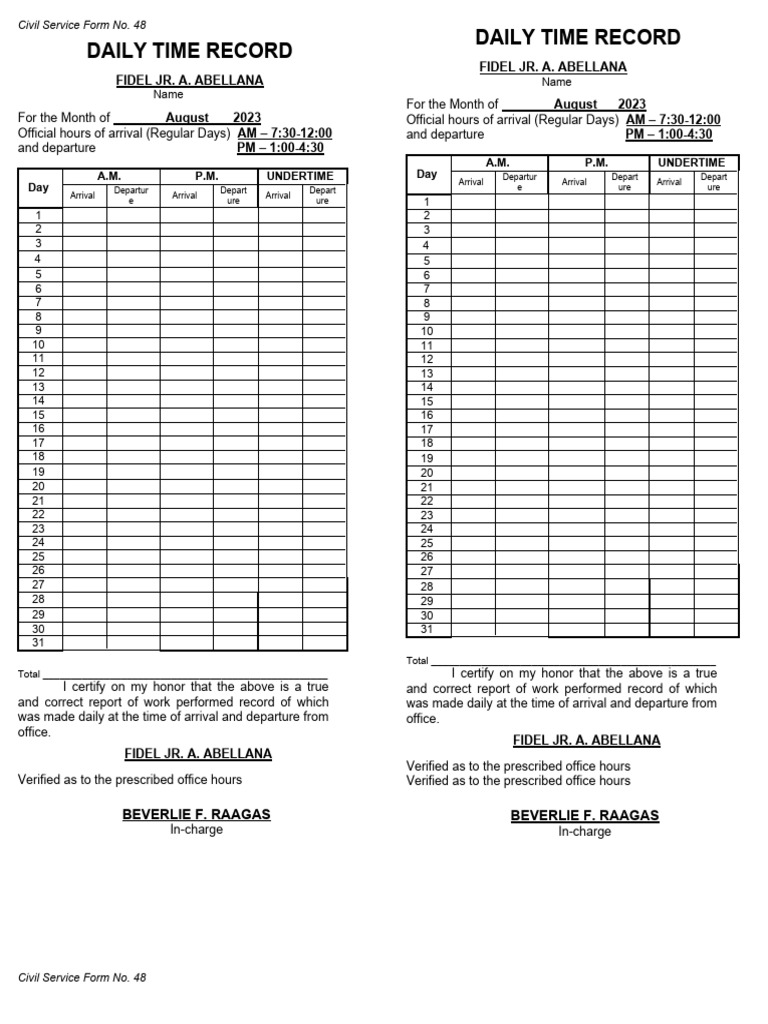 Daily Time Record Daily Time Record: Fidel Jr. A. Abellana Fidel Jr. A. Abellana | PDF