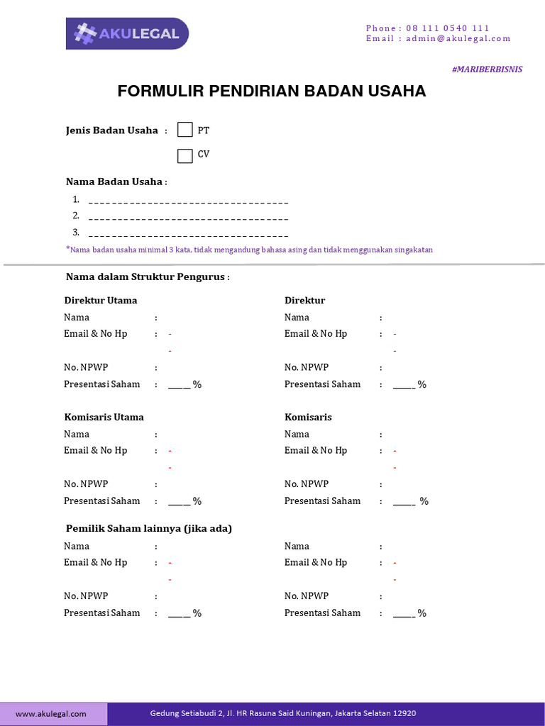 Formulir Pendirian Badan Usaha | PDF | Pengelolaan Keuangan & Uang
